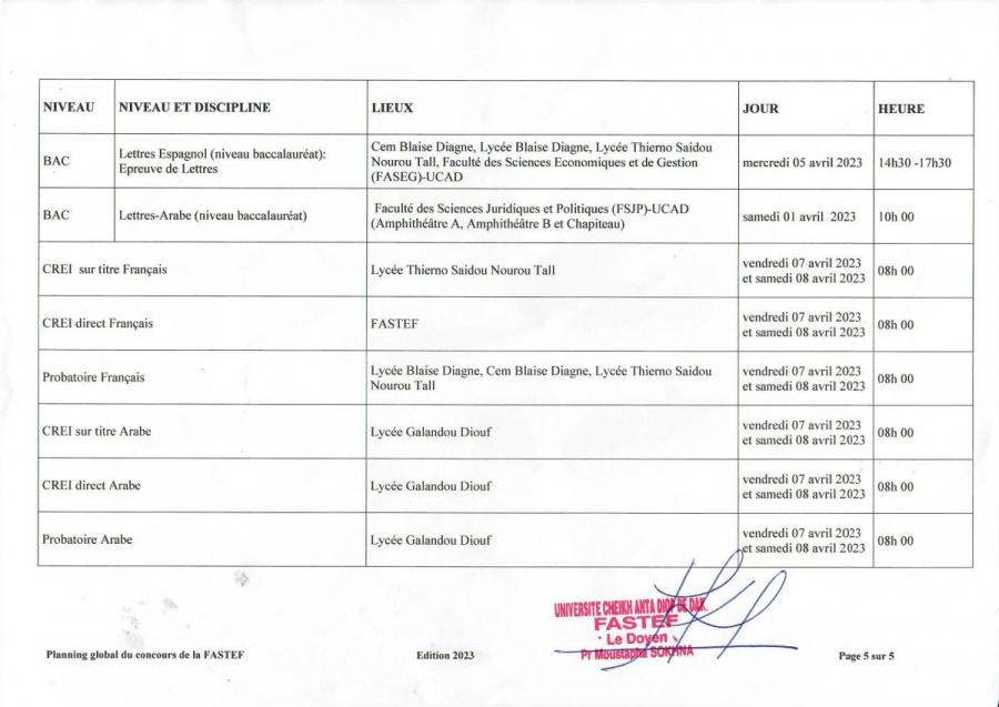 Panning global des concours (ELEVES-PROFESSEURS, CREI et PROBATOIRE) de la FASTEF - Edition 2023 ...